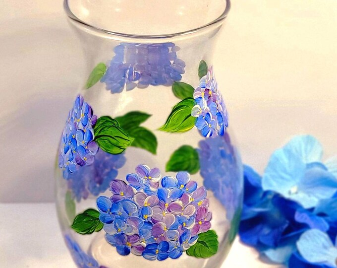 Blue Hydrangea Hand Painted Vase, Glass Flower Vase, Hydrangea Table ...