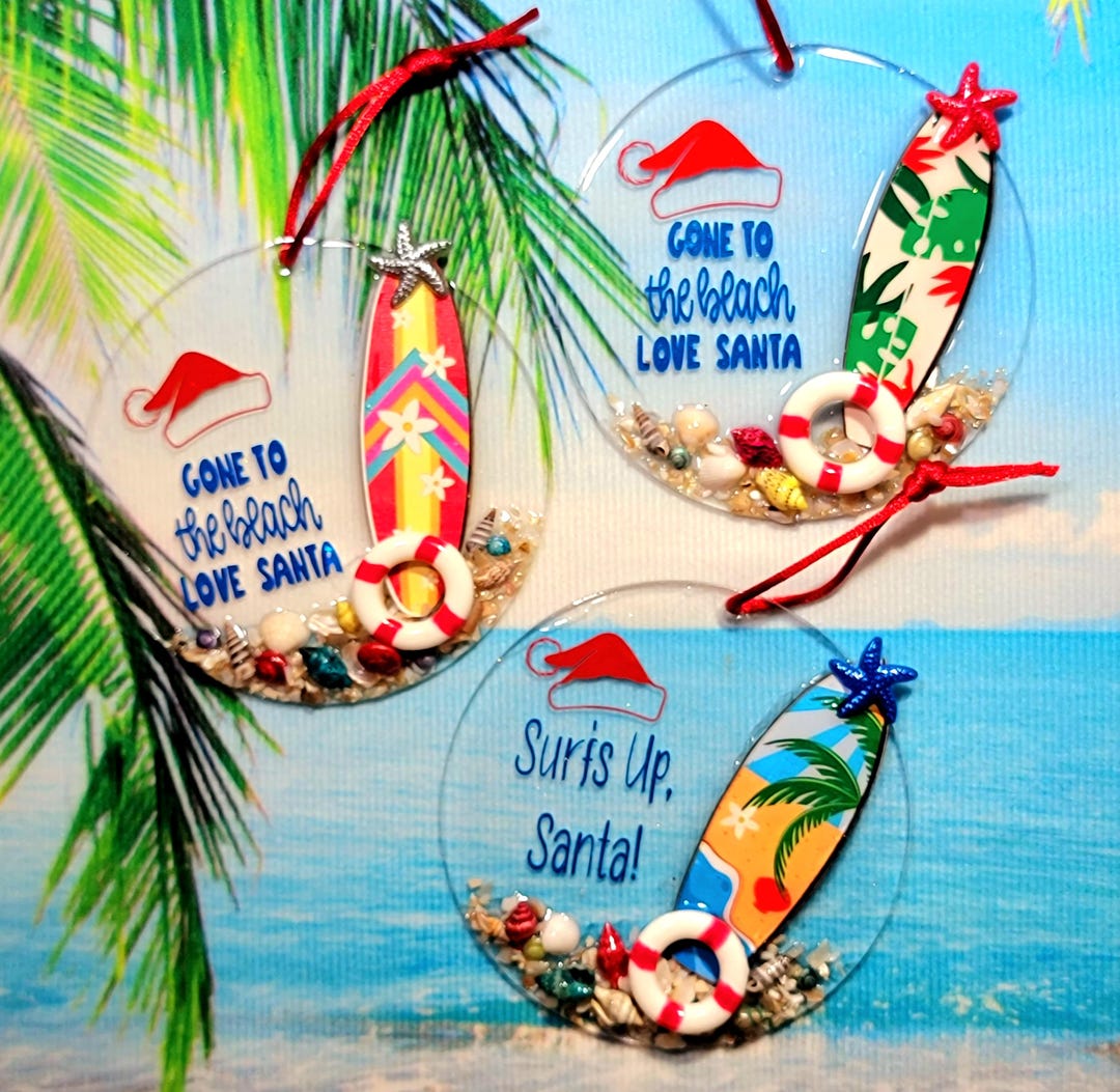 Surfboard Christmas Ornament, Handmade Surfing Santa Holiday Decor, One ...