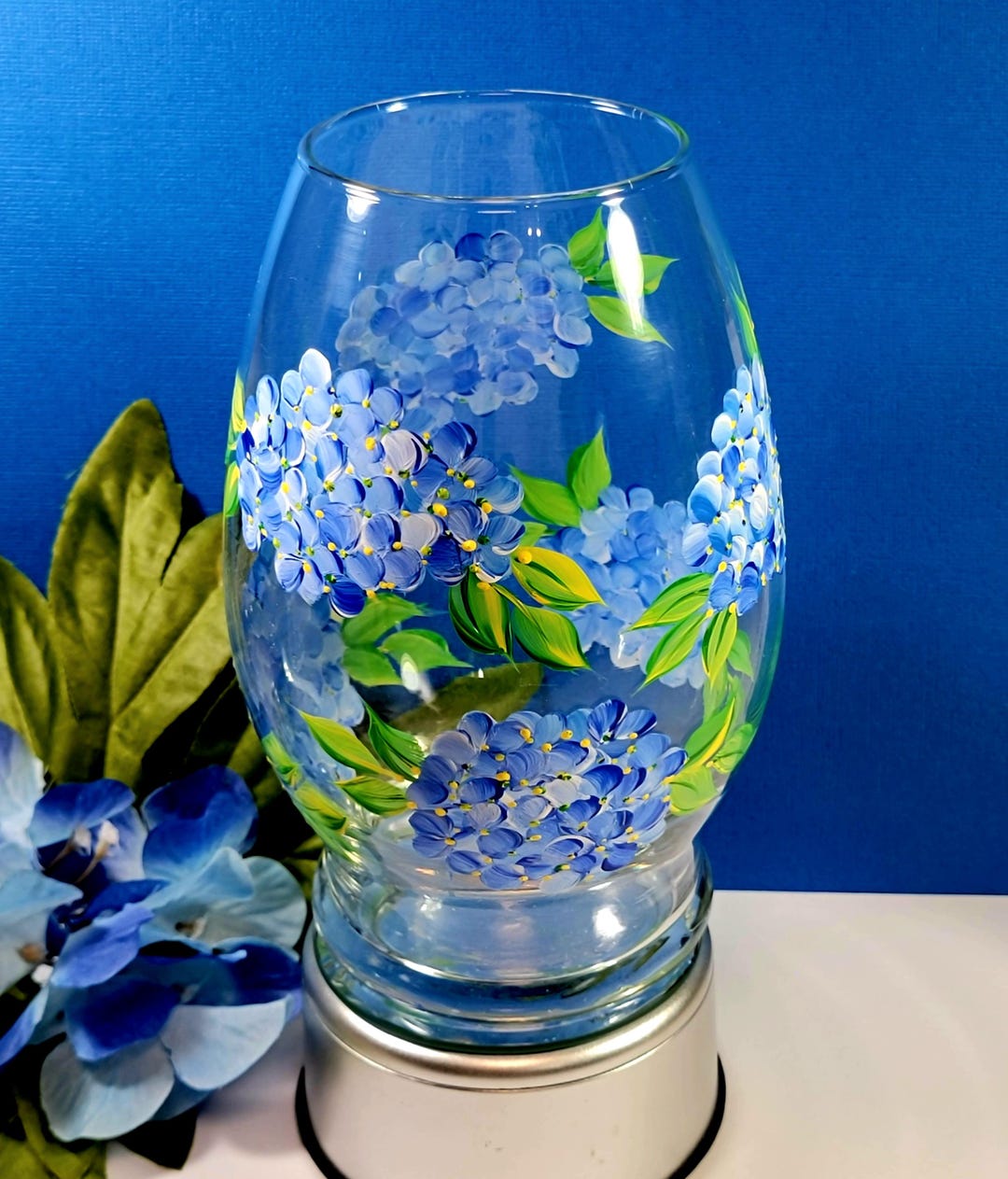 Hand Painted Blue Hydrangea Vase, Glass Flower Vase, Hydrangea Floral ...