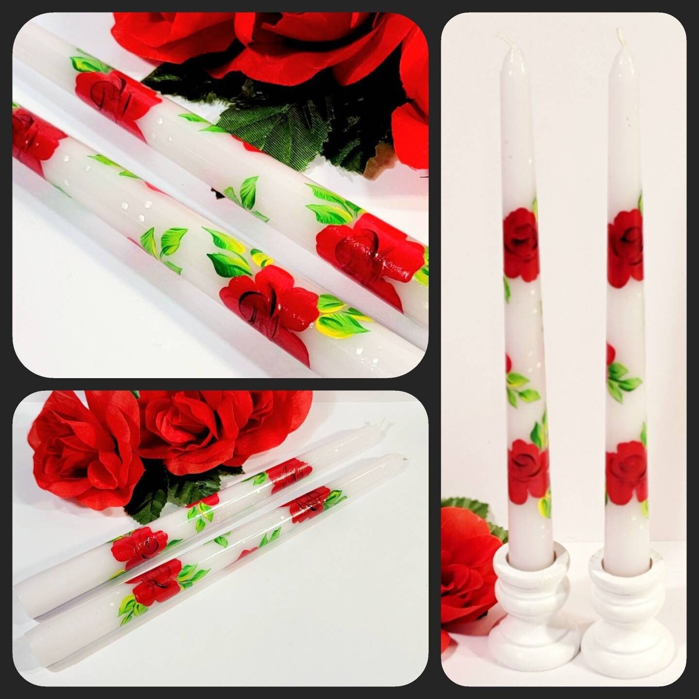 Red Rose Taper Candle Set Hand Painted Roses Wedding - Etsy