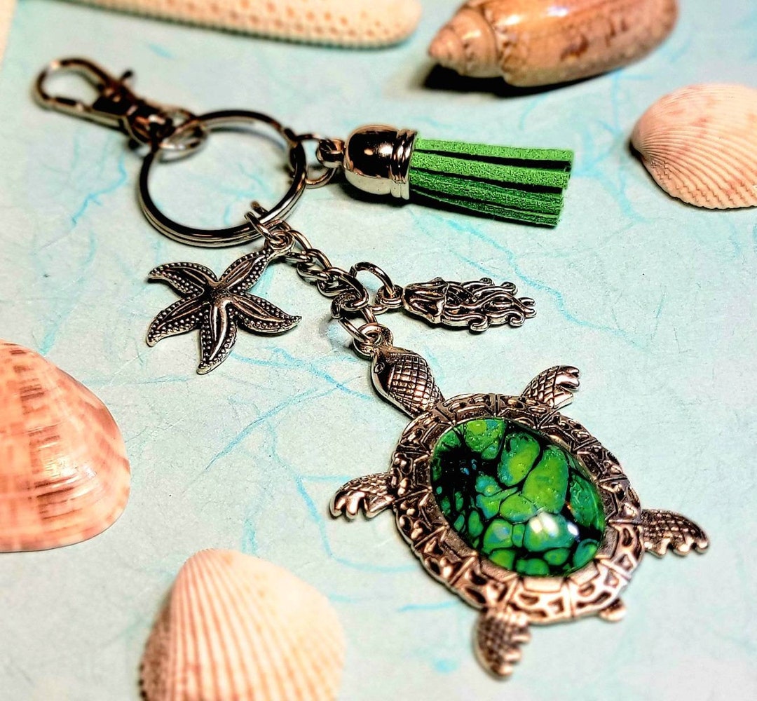 Handmade Sea Turtle Keychain Acessory, Silver Turtle Pendant Glass ...