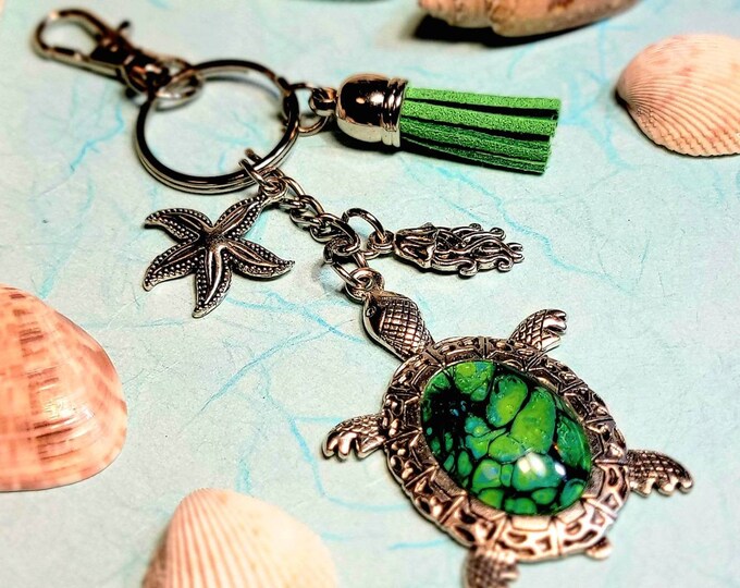Handmade Sea Turtle Keychain Acessory, Silver Turtle Pendant Glass ...