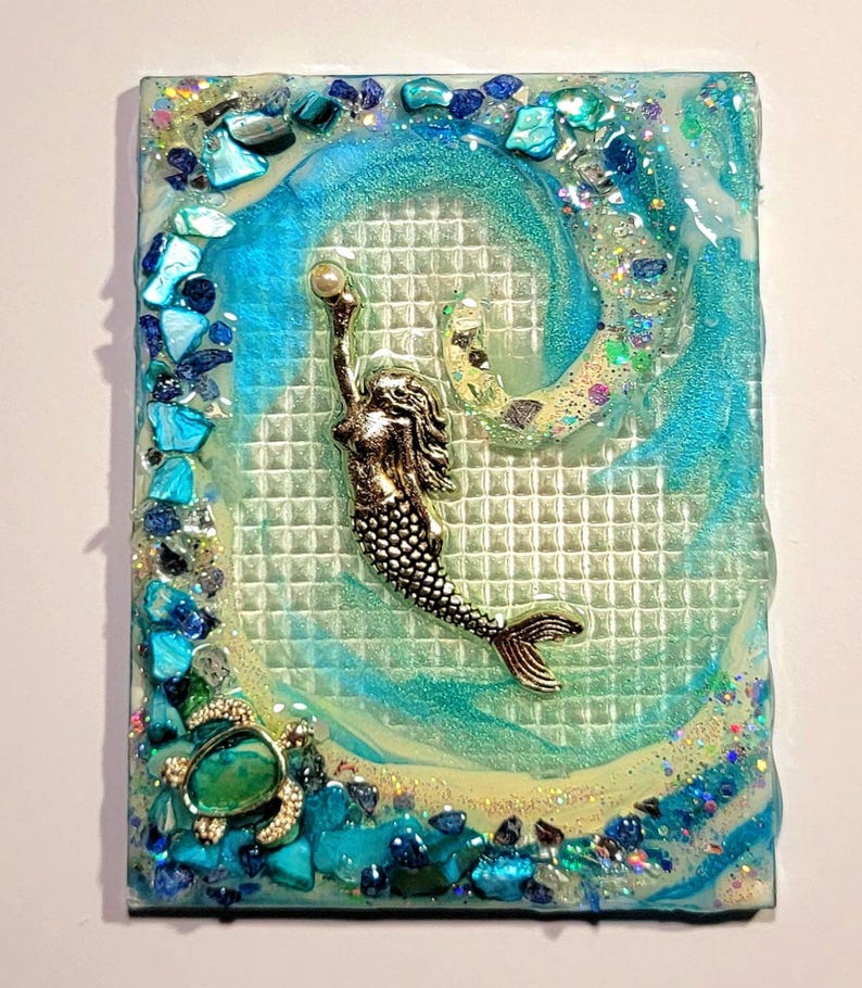 Three-dimensional Mixed Medium Mermaid Wave Art and Sea Turtle Design ...