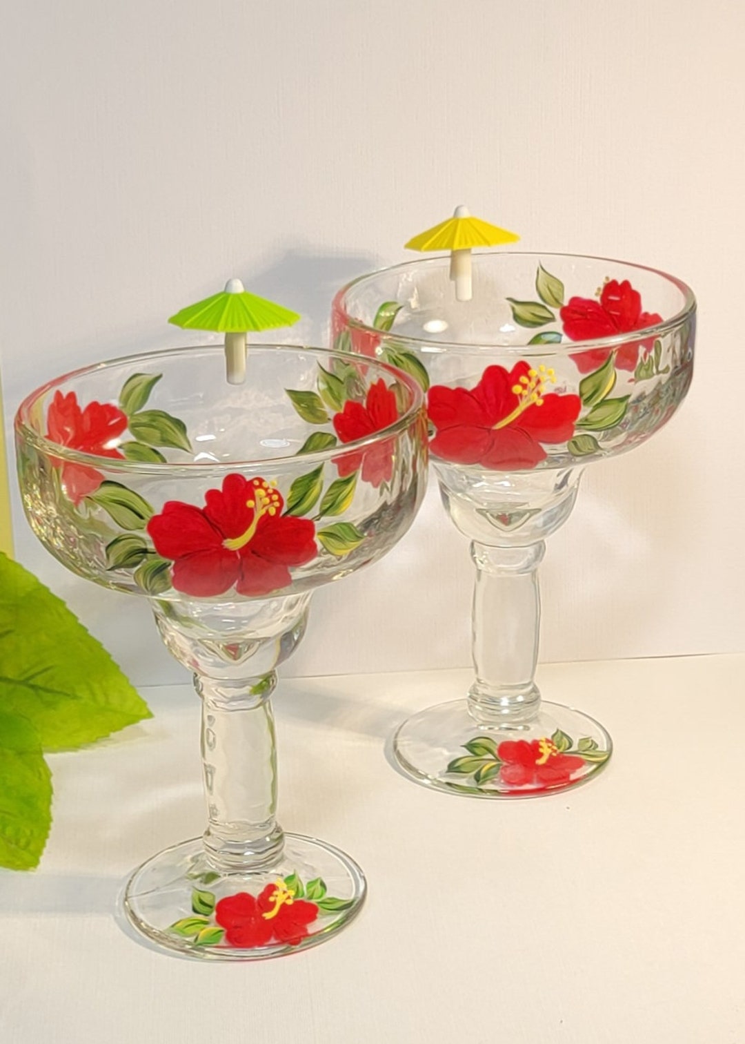 Hand-painted Red Hibiscus Margarita Glass Set, Tropical Floral ...