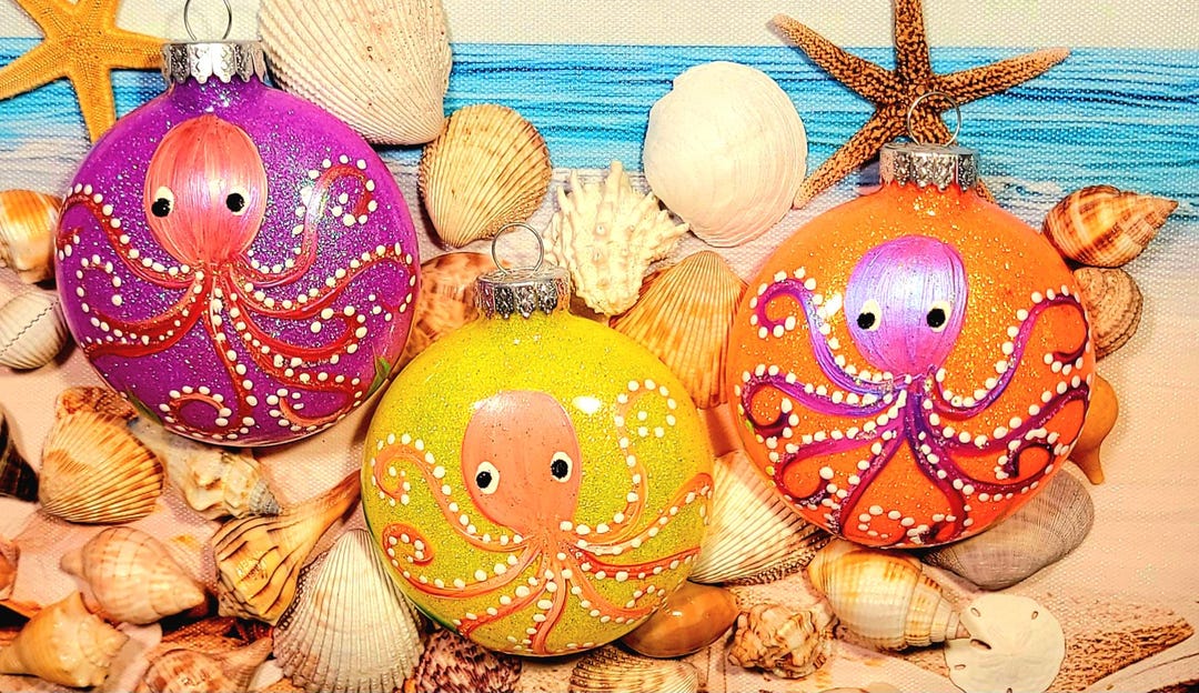 Three Octopus Christmas Tree Ornaments, Hand Painted Sea Animal Beach ...
