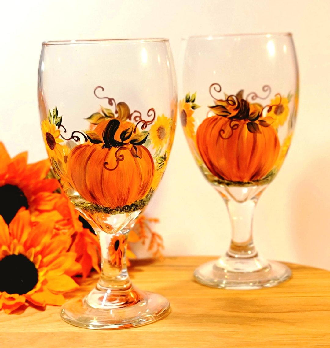 Pumpkin Iced Tea Glasses With Fall Flowers Thanksgiving Glass - Etsy