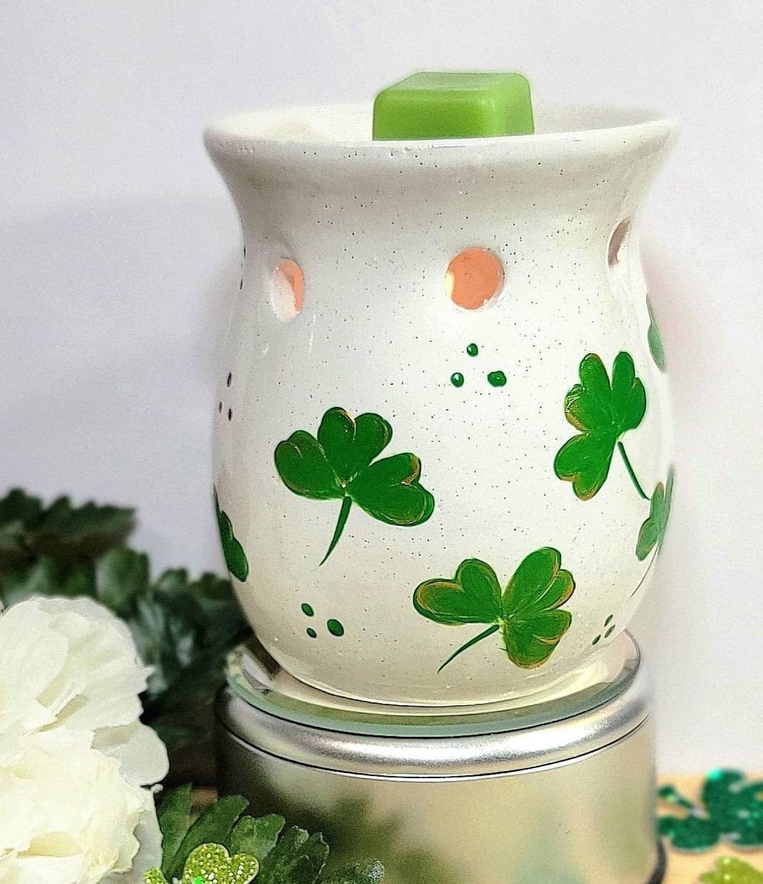 Hand Painted Ceramic Tealight Wax Warmer Gift Set, Painted Shamrocks ...