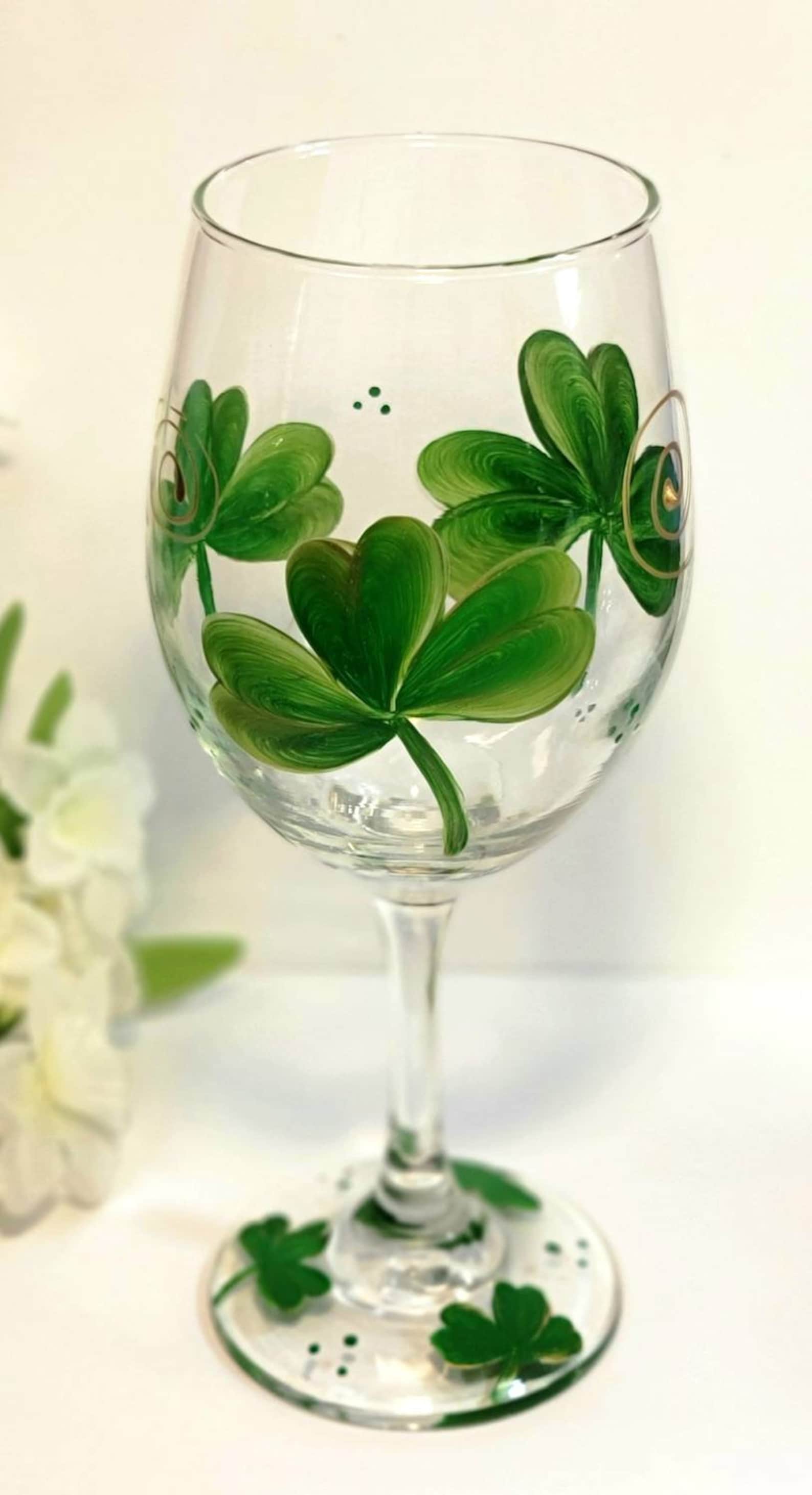 Hand Painted Set of 2 Shamrock Wine Glasses, Irish Wine Glasses ...
