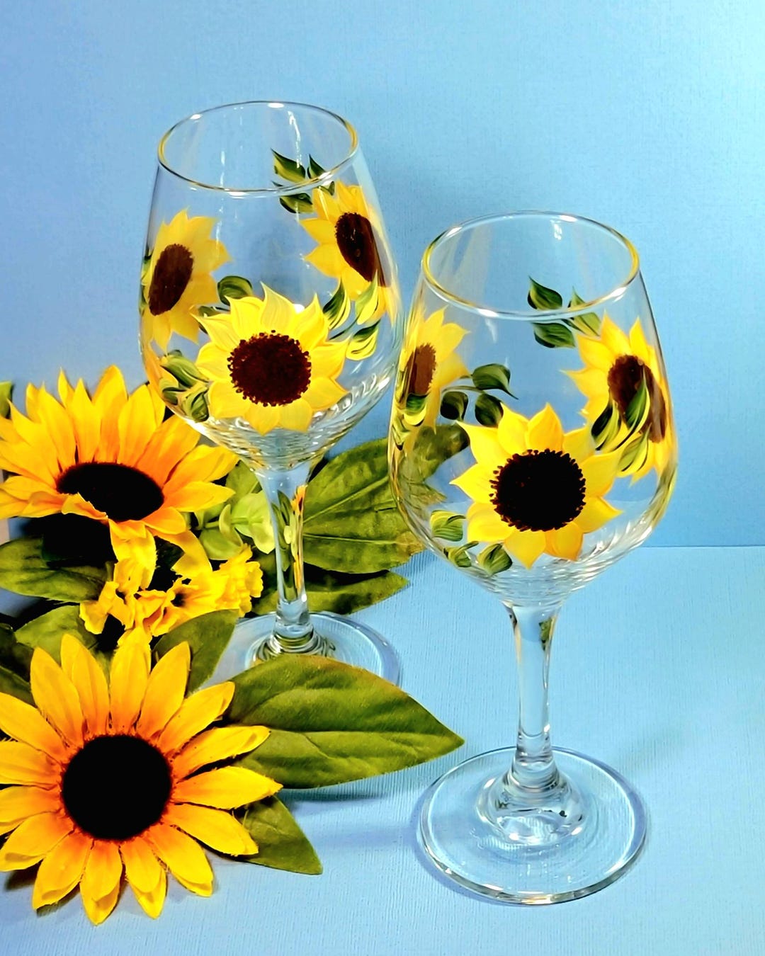 Sunflower Wine Glasses, 2-piece Set Hand Painted Sunflowers, Sunflower ...