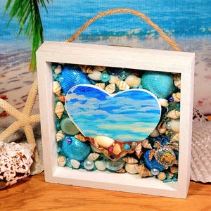 Heart of the Ocean Mixed Media Coastal Shadow Box, Handmade Beach Heart ...