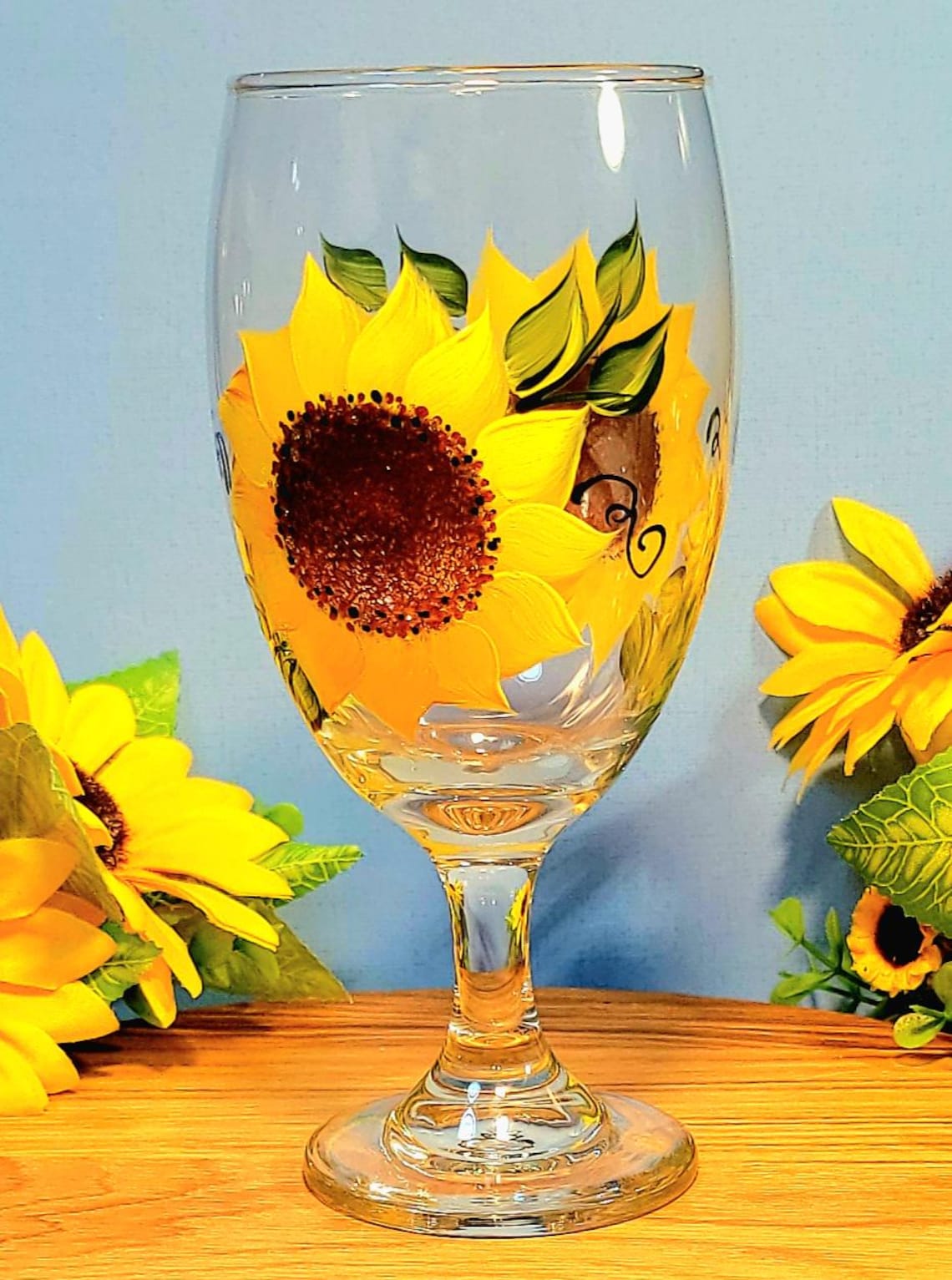 Sunflower Water Glasses, Hand Painted Sunflower Set of Two Iced Tea ...