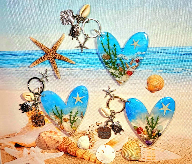 Heart Shape Resin Keychain, Ocean Underwater Scene, Seashells, Starfish ...