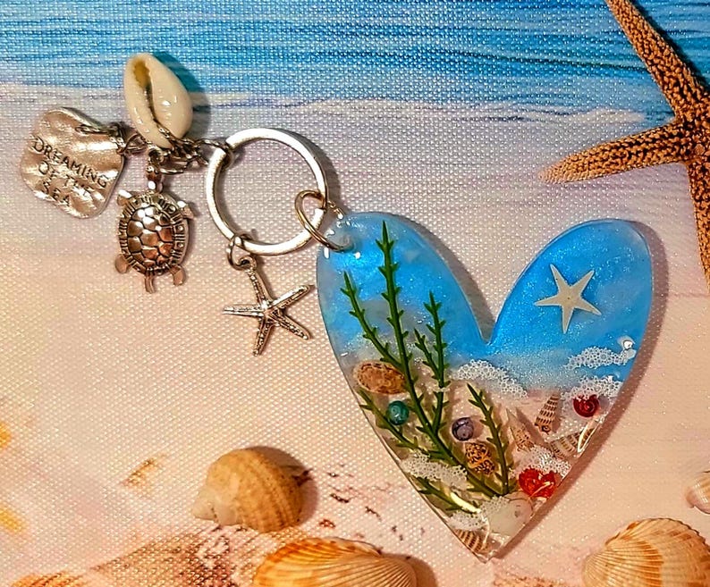 Heart Shape Resin Keychain, Ocean Underwater Scene, Seashells, Starfish ...