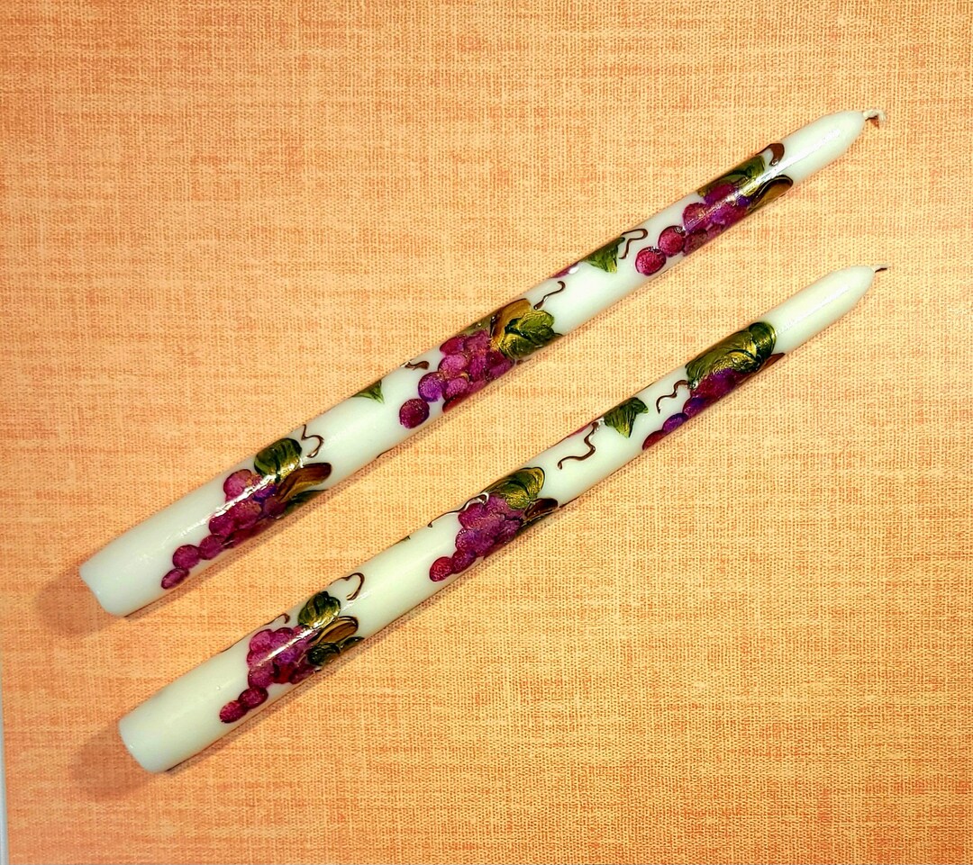 Hand Painted Taper Candle Set of Two Featuring Burgundy Color Grape ...