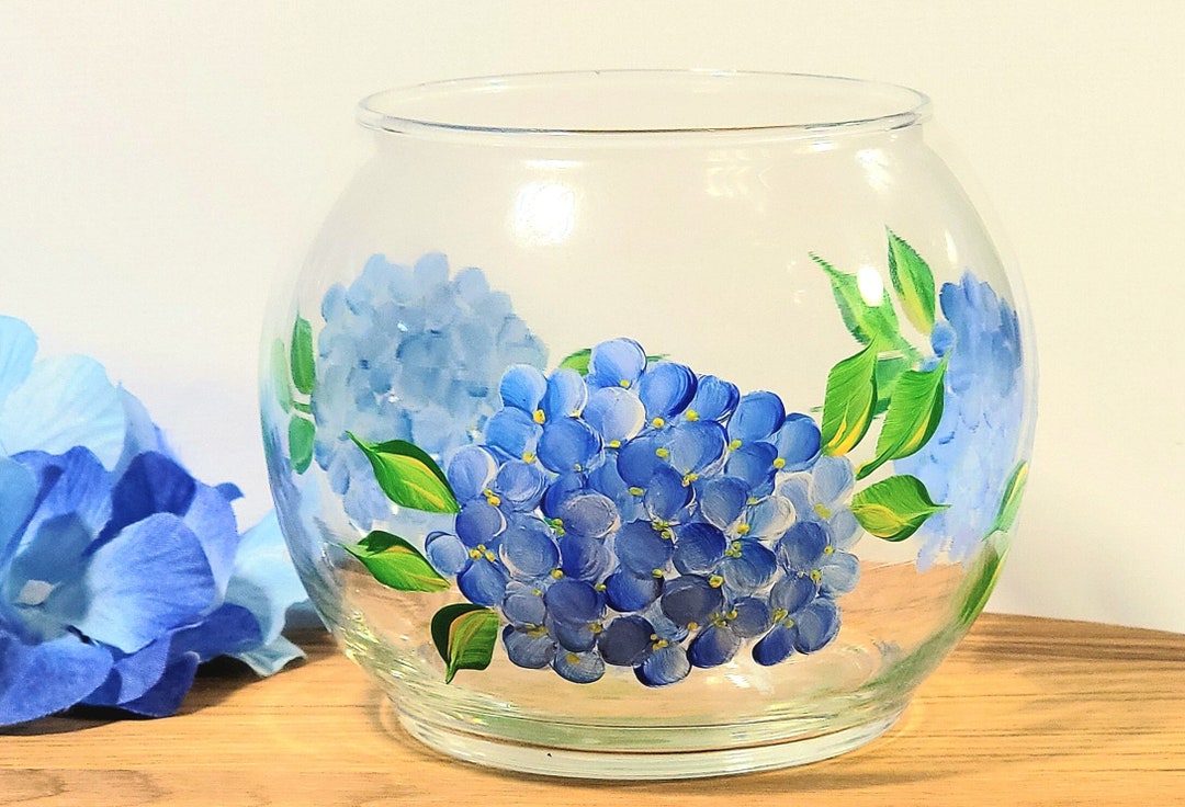 Hand Painted Hydrangea Glass Bowl, Blue Hydrangea Flowers, Hydrangea ...
