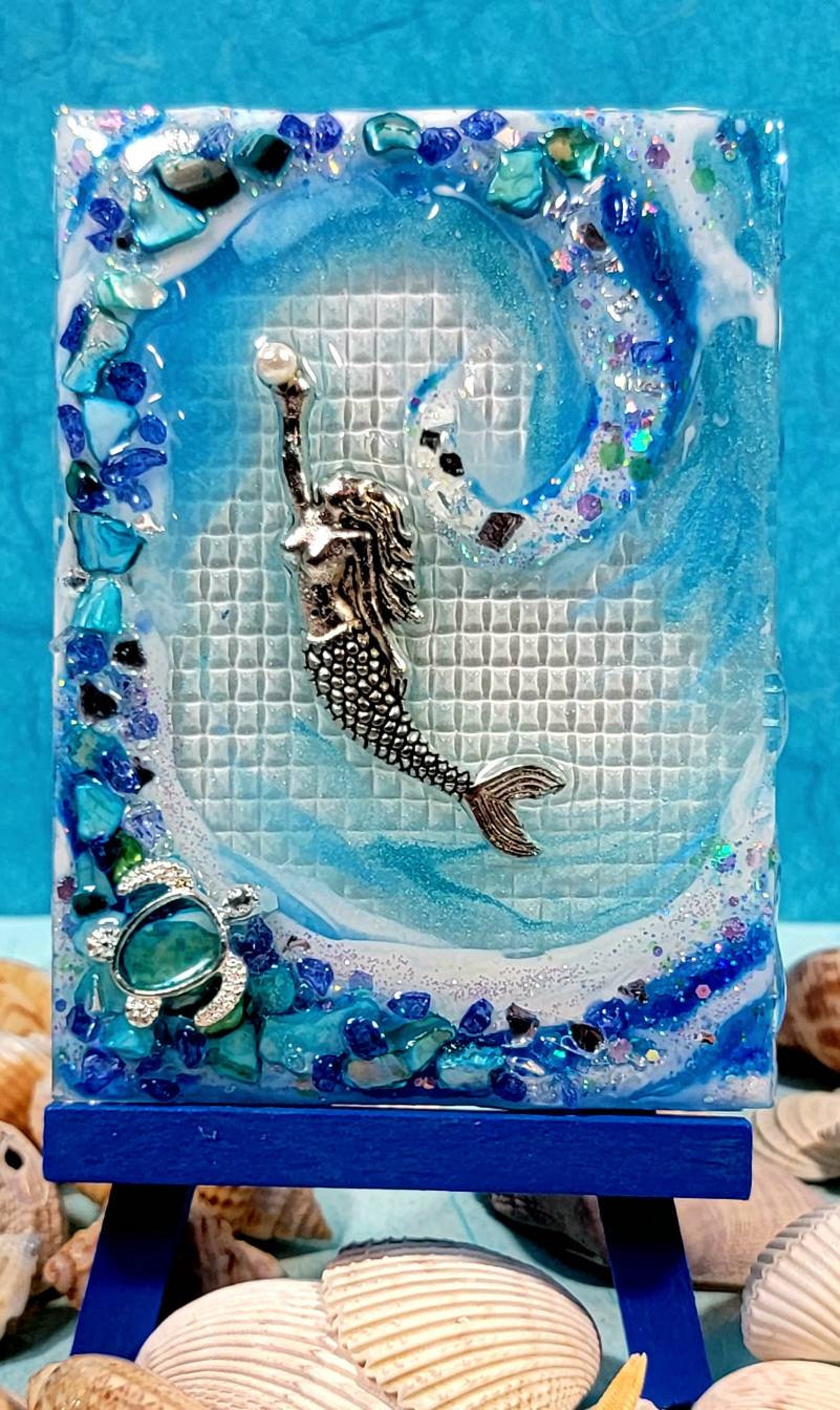 Three-dimensional Mixed Medium Mermaid Wave Art and Sea Turtle Design ...
