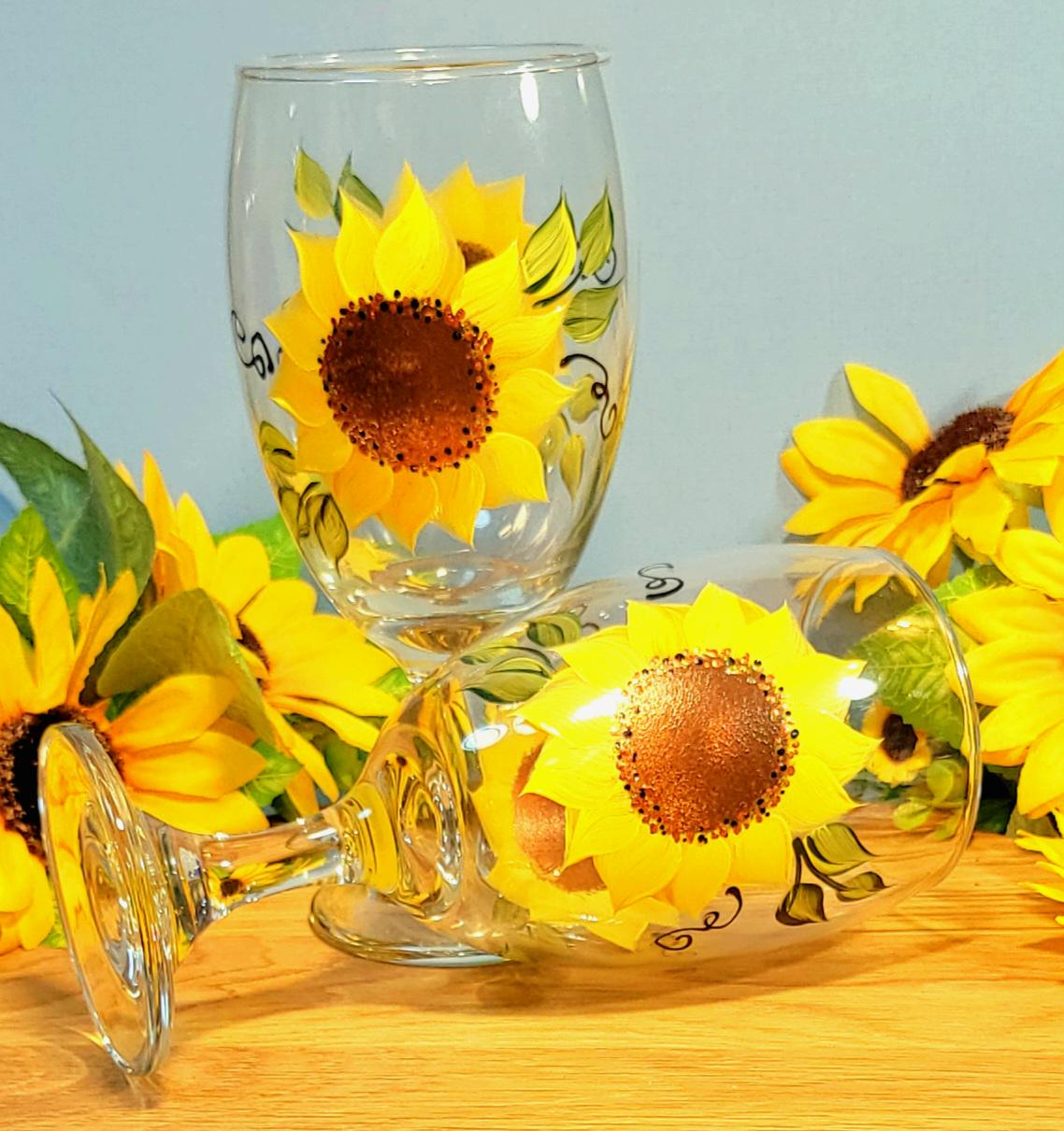 Sunflower Water Glasses, Hand Painted Sunflower Set of Two Iced Tea ...