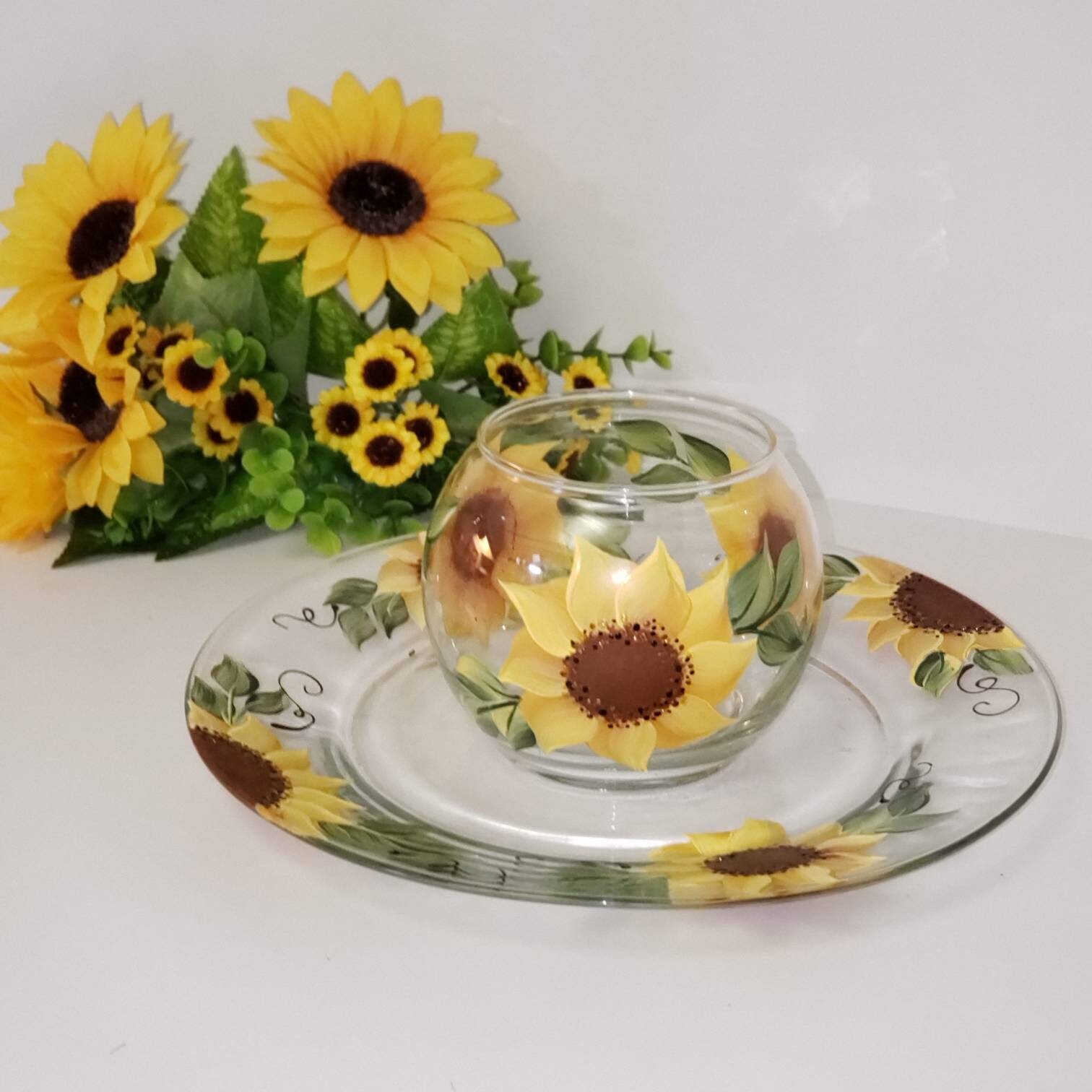 Hand Painted Sunflower Plate Sunflower Candle Plate - Etsy