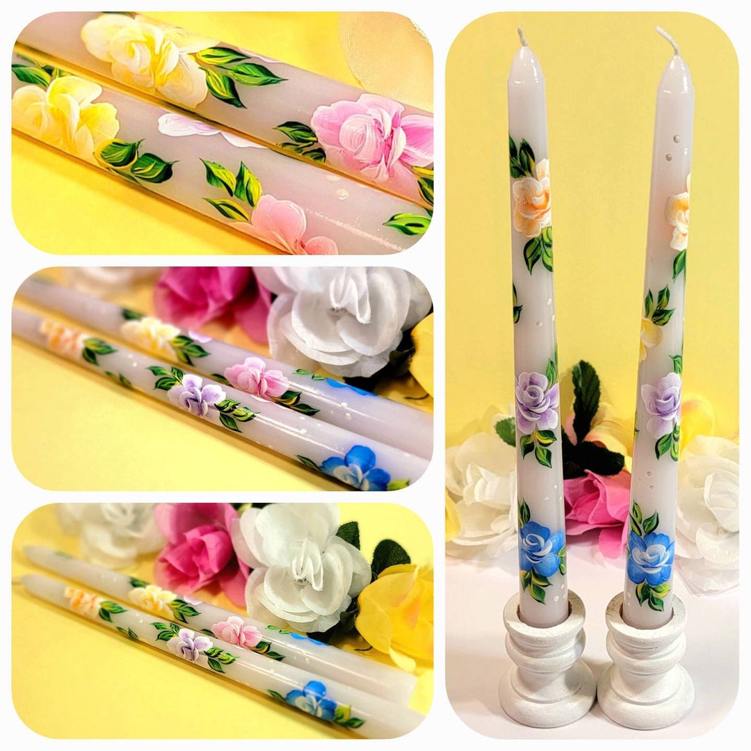 Multi Color Rose Taper Candle Set, Hand Painted Roses, Wedding Candles ...