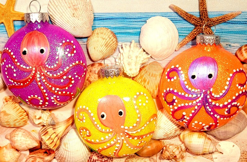 Octopus Ornaments, Hand Painted Glass Sealife Decor, Coastal Christmas ...