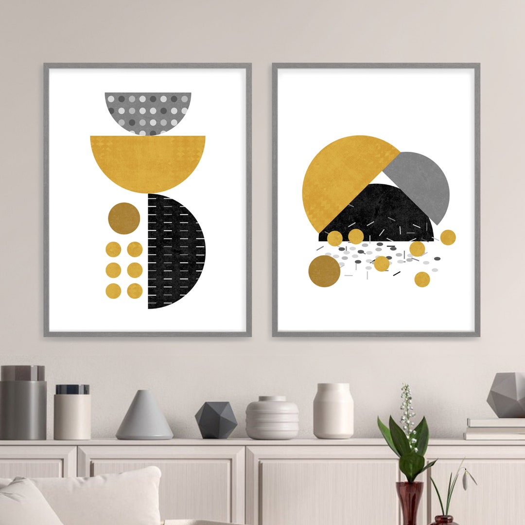 Halbkreis Wandkunst, Mid Century moderne Kunst Drucke, wunderliche Gemälde, schwarz weiß Gold ...