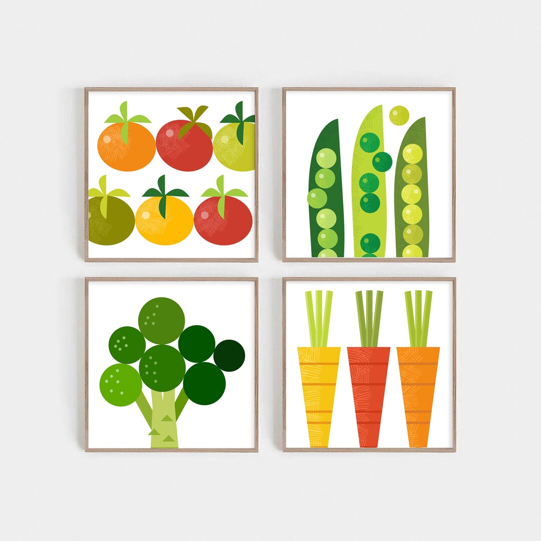 Vegetable Poster Set of 4 Square Art Prints, Modern Kitchen Decor ...