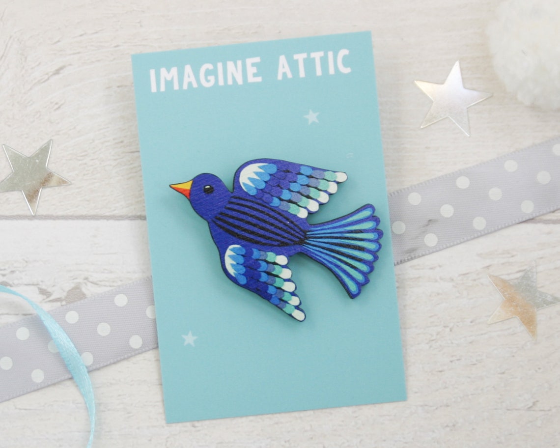 Bluebird Pin Badge Blue Bird Wooden Brooch - Etsy
