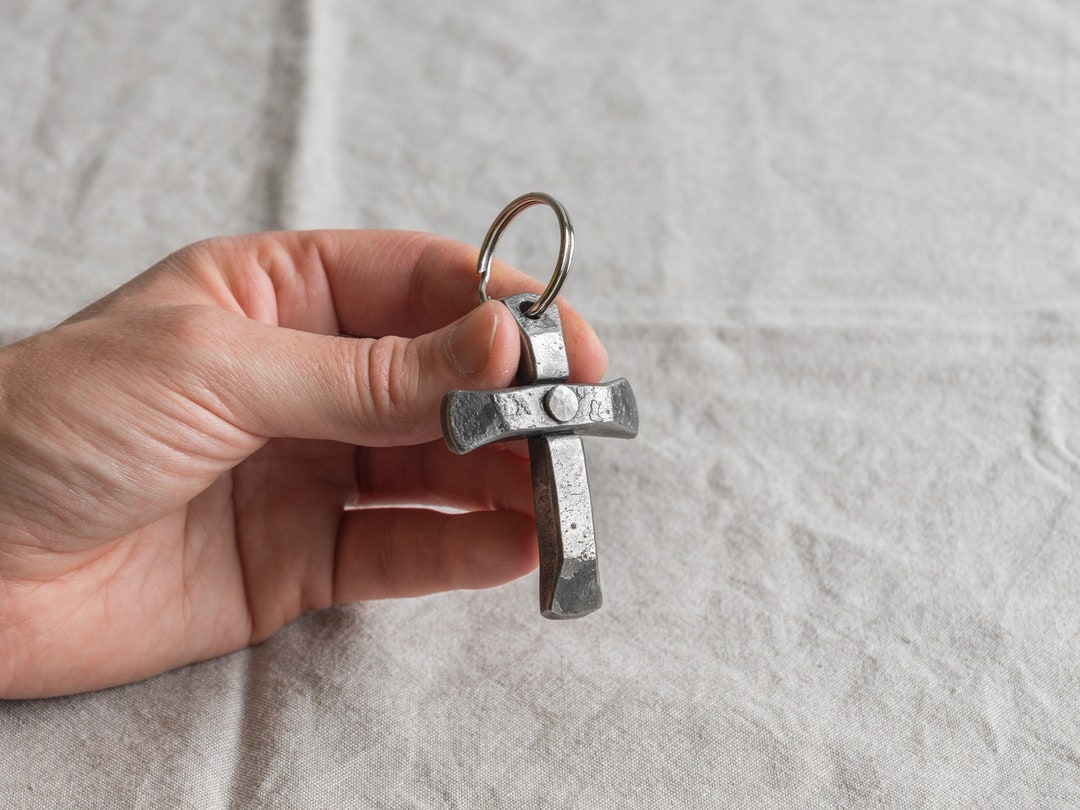 Christian Cross Keychain, Hand Forged Iron Keyring, Gift for Christians ...