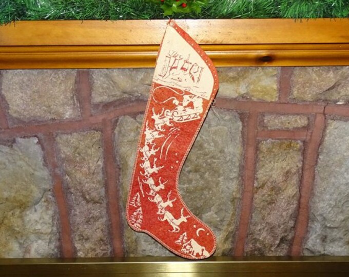 Vintage 1940s Red Felt Christmas Stocking Stenciled Santa in Sleigh ...