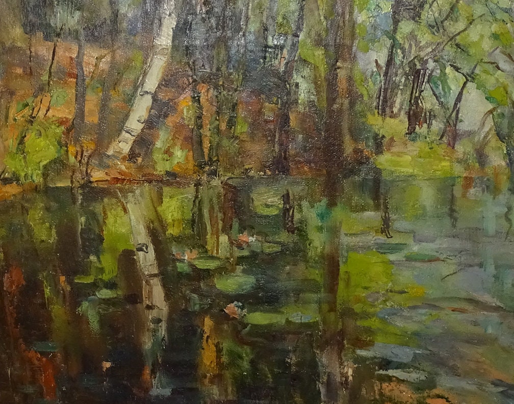 Old Impressionist Water Lily Pond Landscape Oil Painting Birch Trees ...