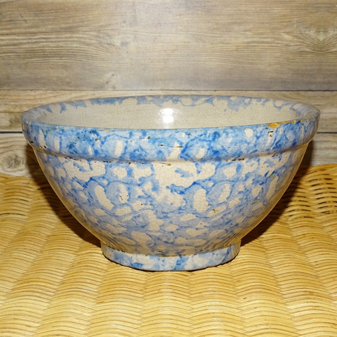 Antique 19thc Small Spongeware Pottery Mixing Bowl Blue and White ...