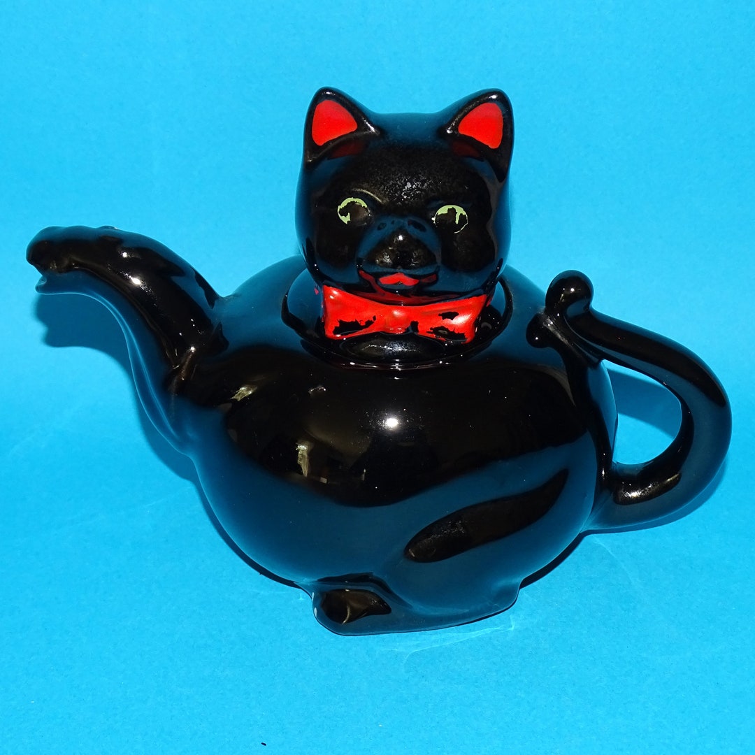 1950s Shafford Redware Black Cat Glazed Teapot Red Bow 5 1/2” Signed ...