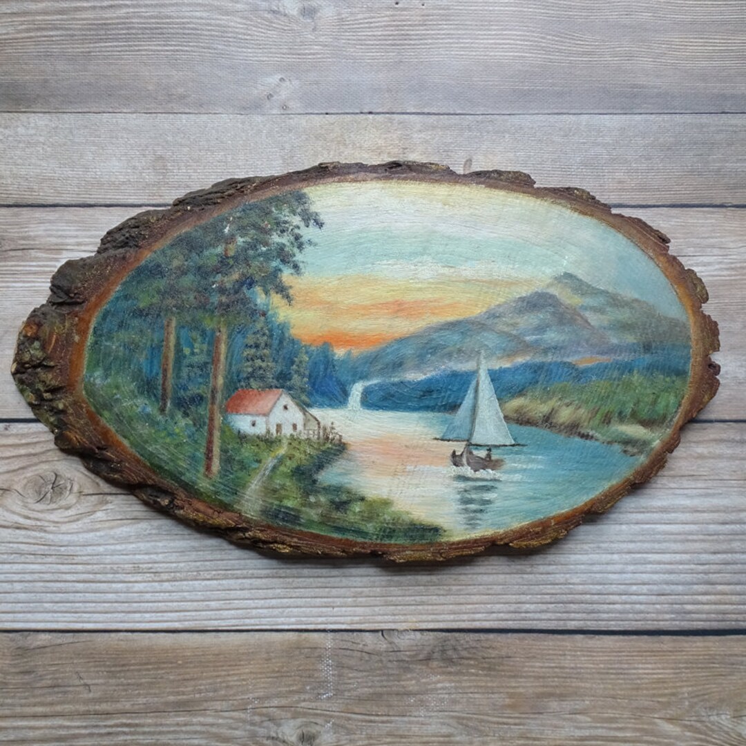 Vintage Rustic Folk Art Painting Lake Landscape Cabin in Woods Sailboat ...