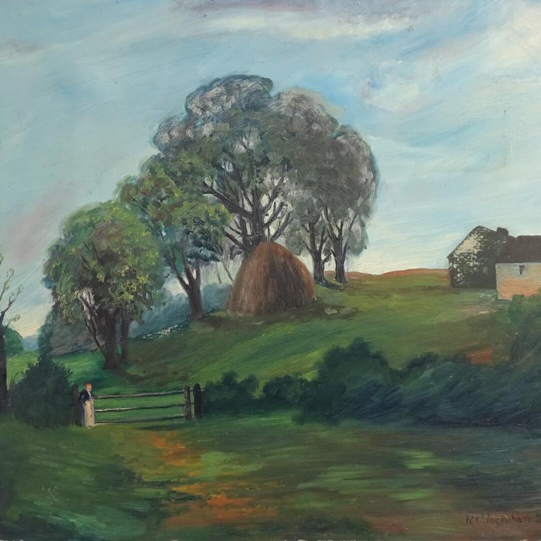 1921 Naive Folk Art Summer Landscape Oil Painting Signed R.c.ingraham O ...