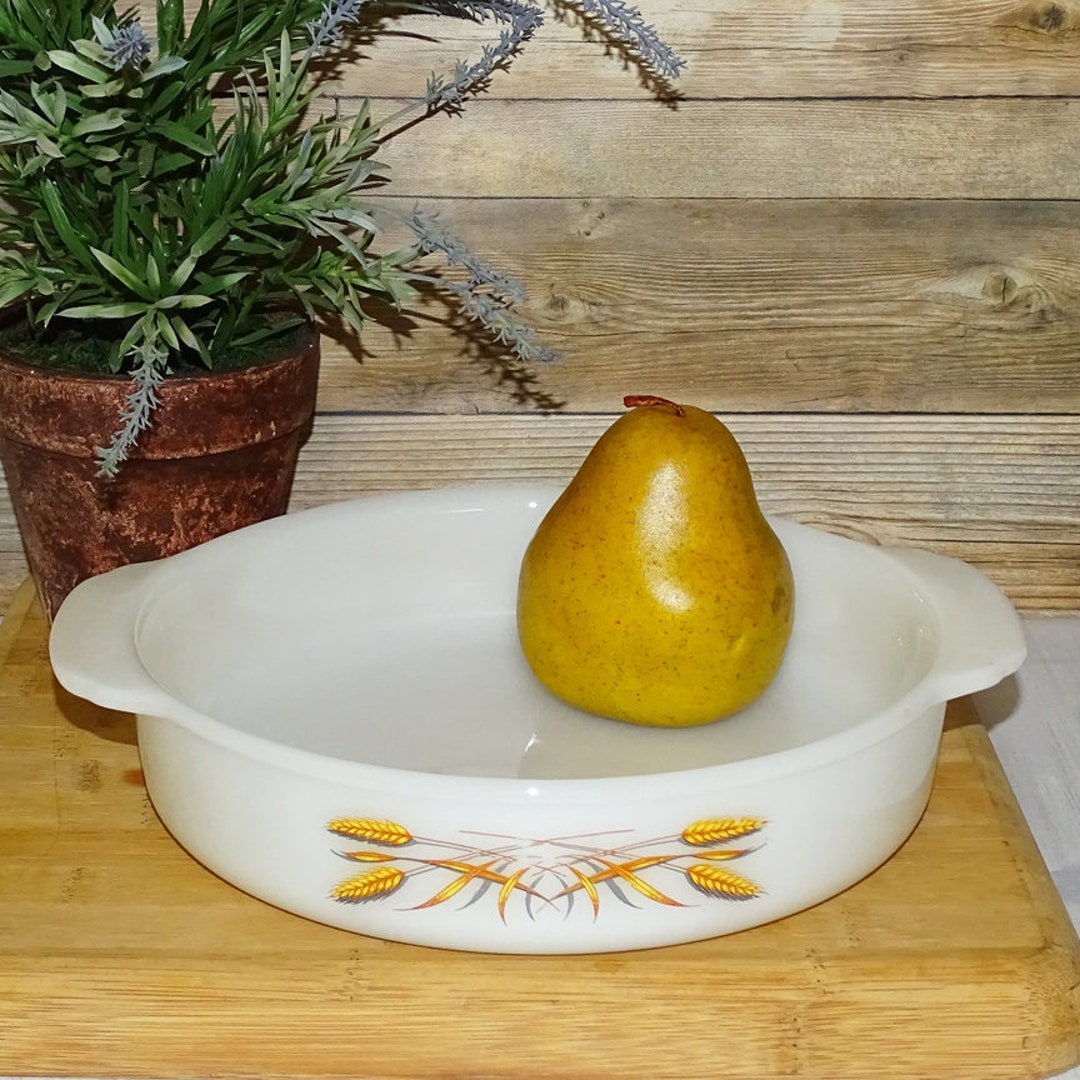 Vintage Fire King Golden Wheat Cake Pan: 8-inch Milk Glass Baking Dish ...