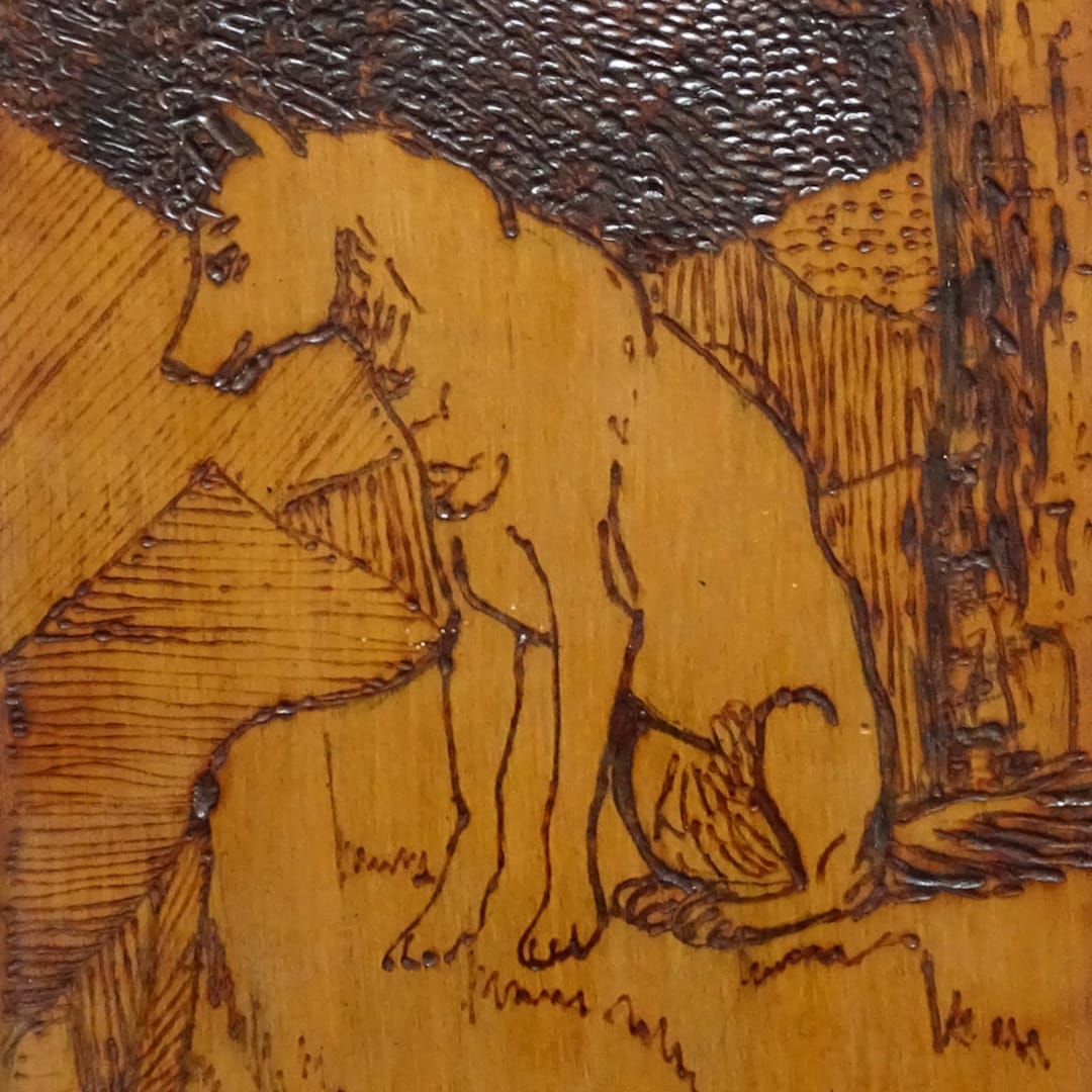 Mid Century Wolf & Tree Wood Burning Pyrography Rustic Wall Art Plaque ...