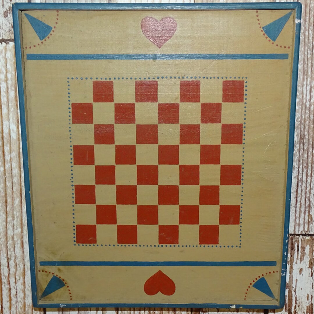 1985 Primitive Folk Art Checkerboard Gameboard Hand Painted With Hearts ...