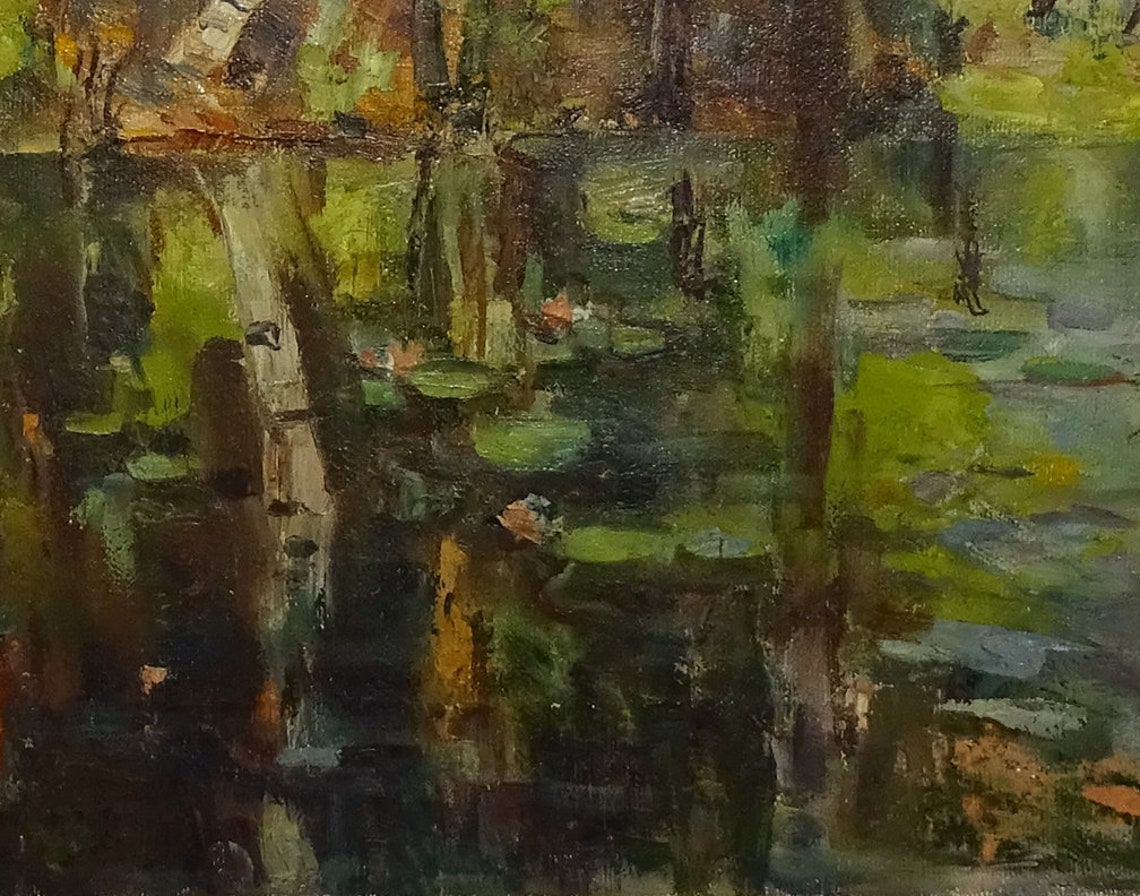 Old Impressionist Water Lily Pond Landscape Oil Painting Birch Trees ...