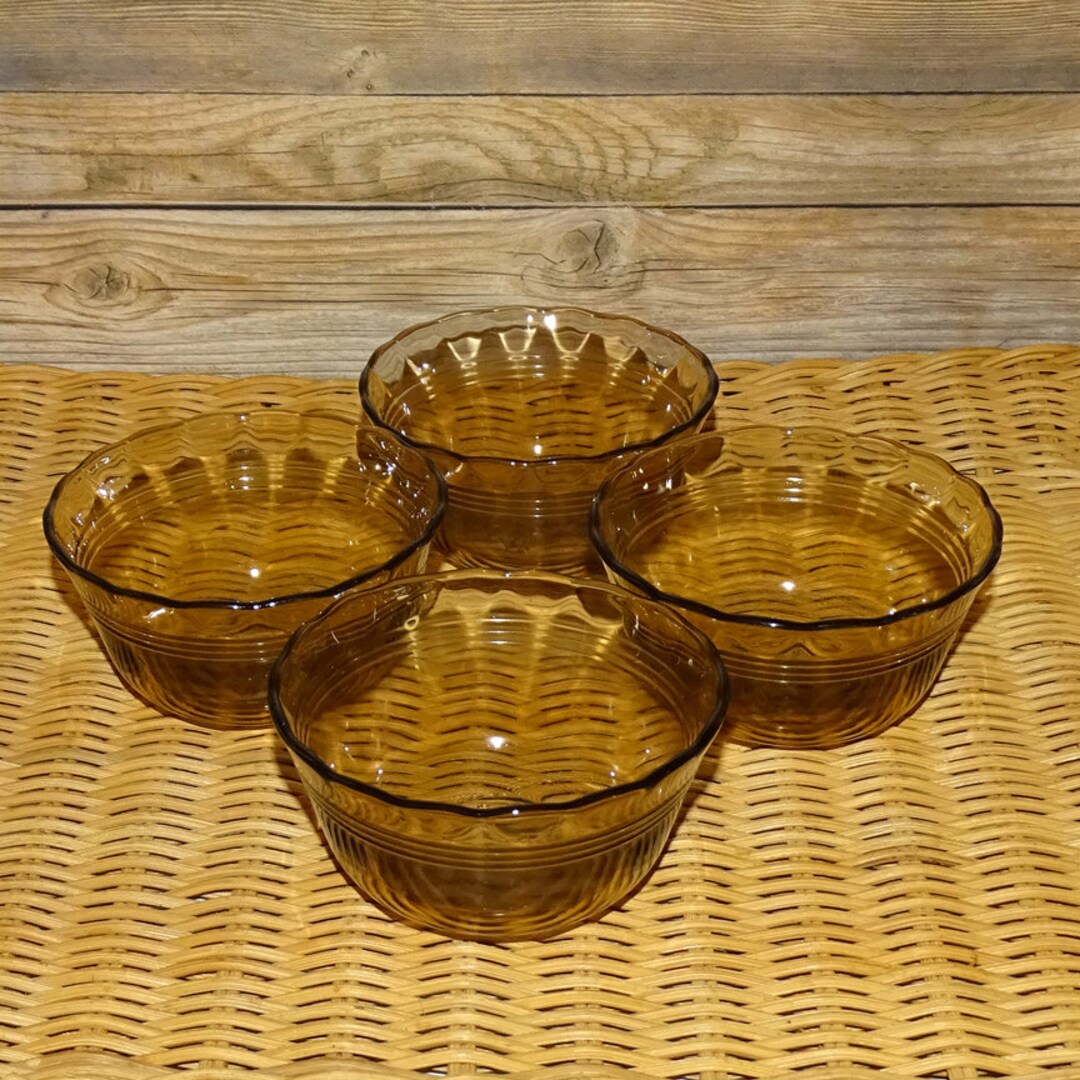 Set of 4 Corning Pyrex Fireside 463 Amber Custard Cups 6 Oz Scallop ...