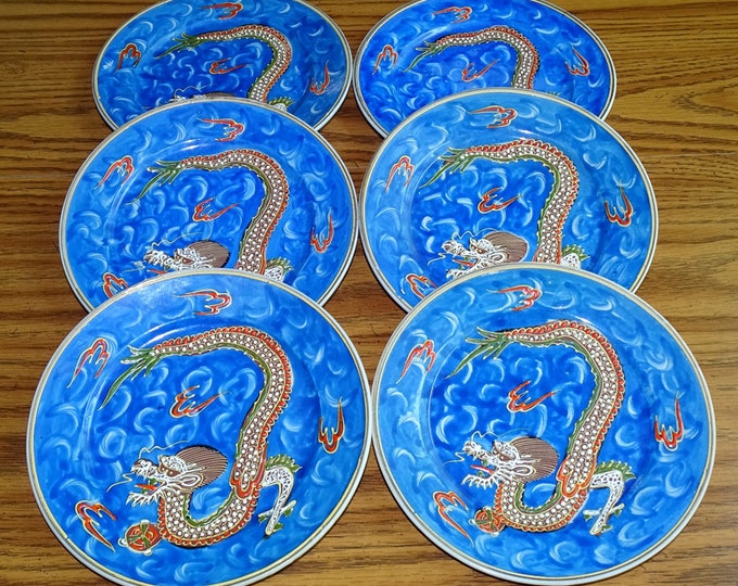1940s Blue Dragonware Moriage 7.5” Dessert Plate Gold Gilt Lot of 6 ...