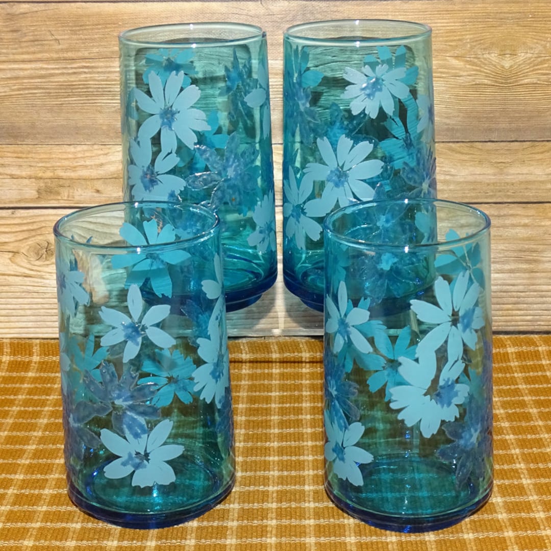 1960s Libbey Style Glass Tumblers Teal Blue 10oz Embossed Daisy Floral ...