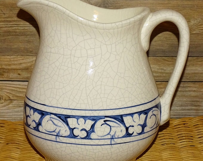 1986 Potting Shed Dedham Pottery Pitcher Blue White Bunny Pattern 7.5 ...