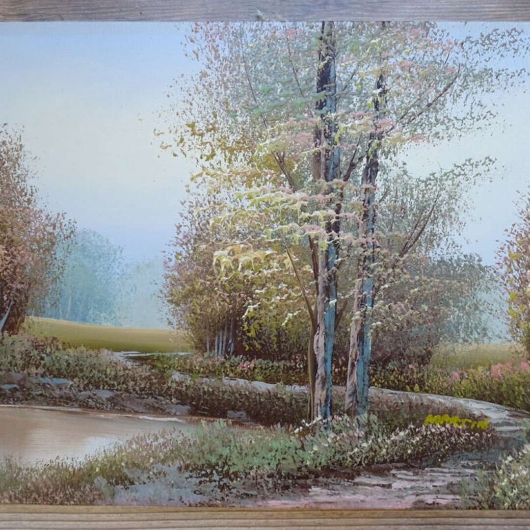 Vintage Miniature Summer Landscape Oil Painting Trees Pond Wildflowers ...