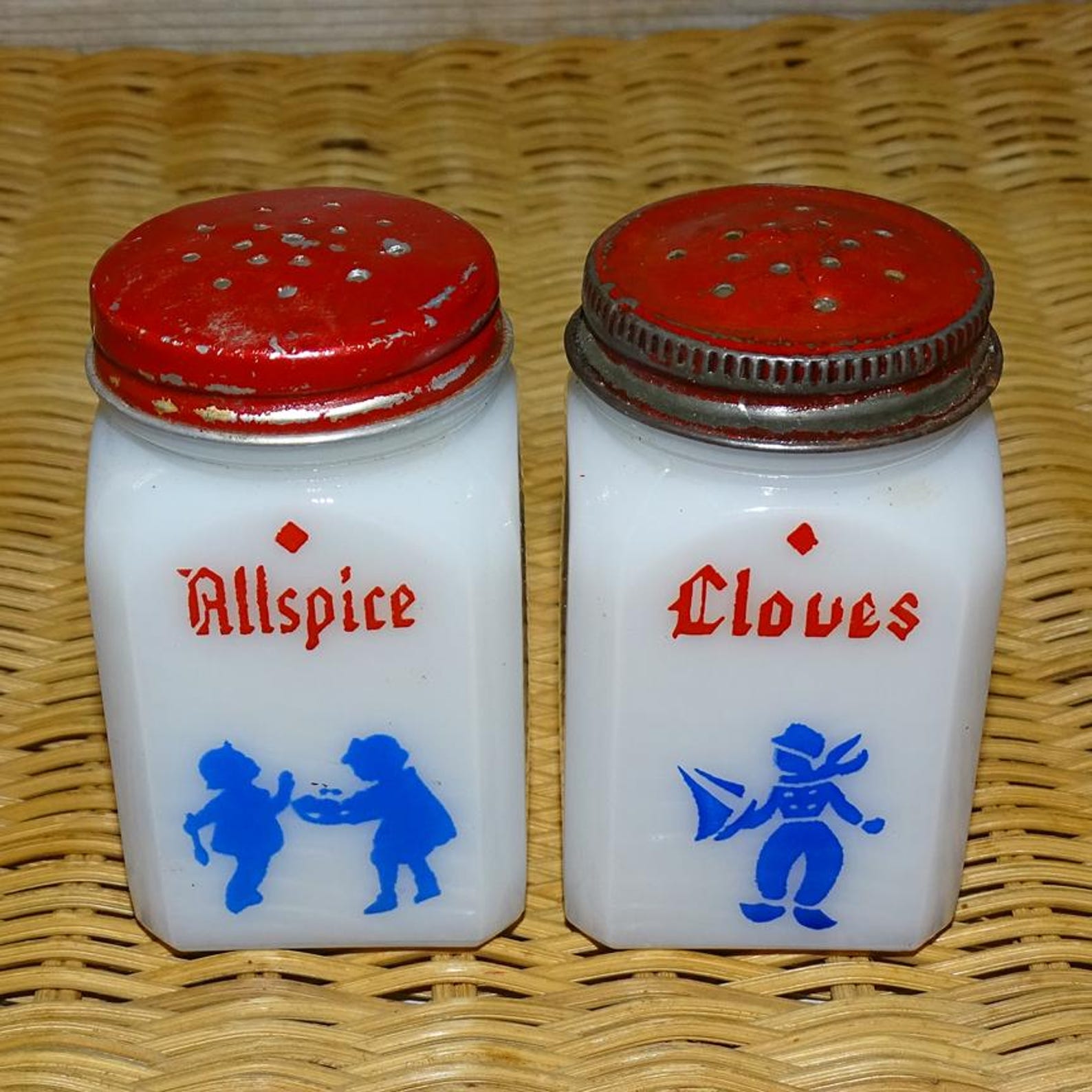 Vintage Hazel Atlas Milk Glass Spice Jar Set: Dutch Motif, Metal Rack ...