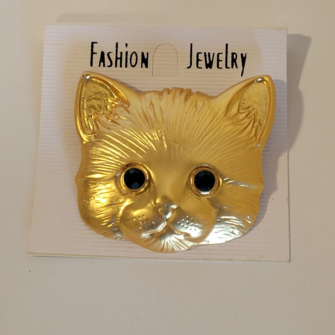 Vintage Large Cat Gold Tone Brooch Pin With Emerald Green Eyes NWT - Etsy
