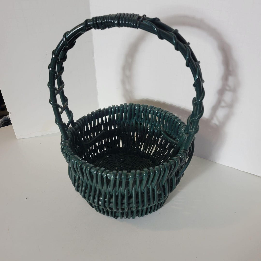 Vintage 11.5" Dark Green Wicker Basket With Handle for Storage ...