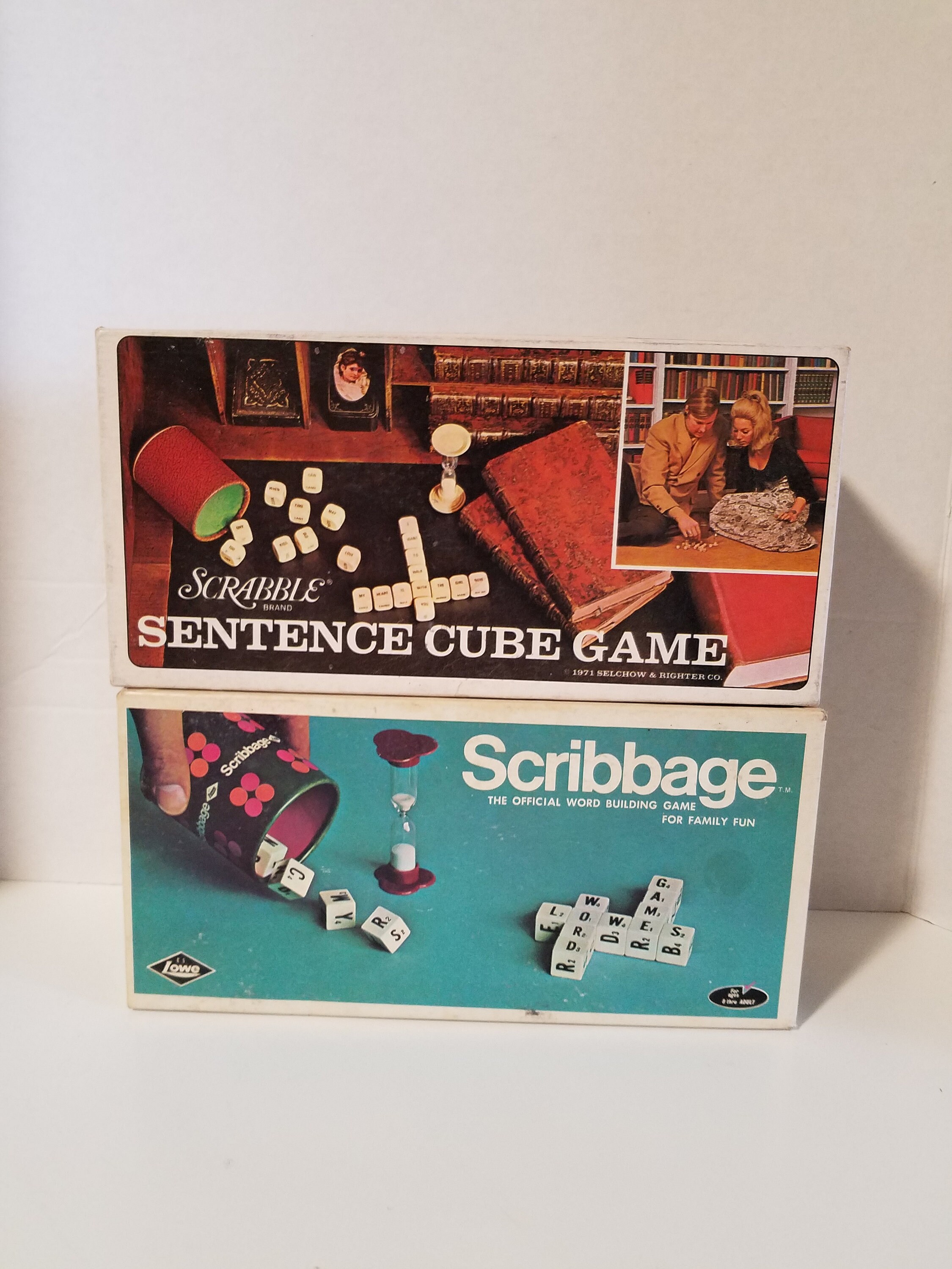 Set of 2 Vintage Word Cube Games Scribbage 1963 Scrabble Sentence Cube ...