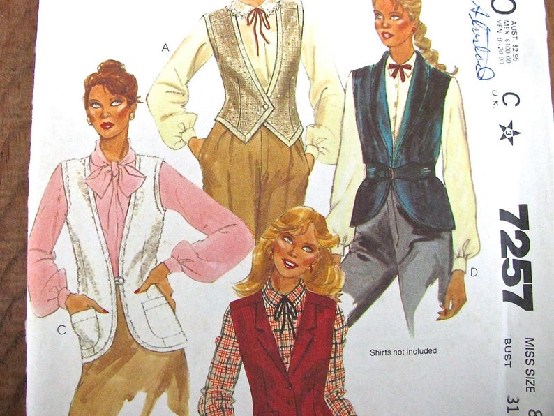 Womens Vests Sewing Pattern, 80's Mccalls 7257, Size 8, Bust 31 1/2 ...
