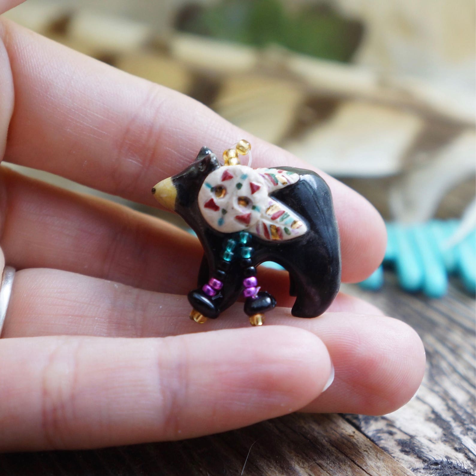 Tribal black ceramic Bear totem bear pocket totem handmade | Etsy