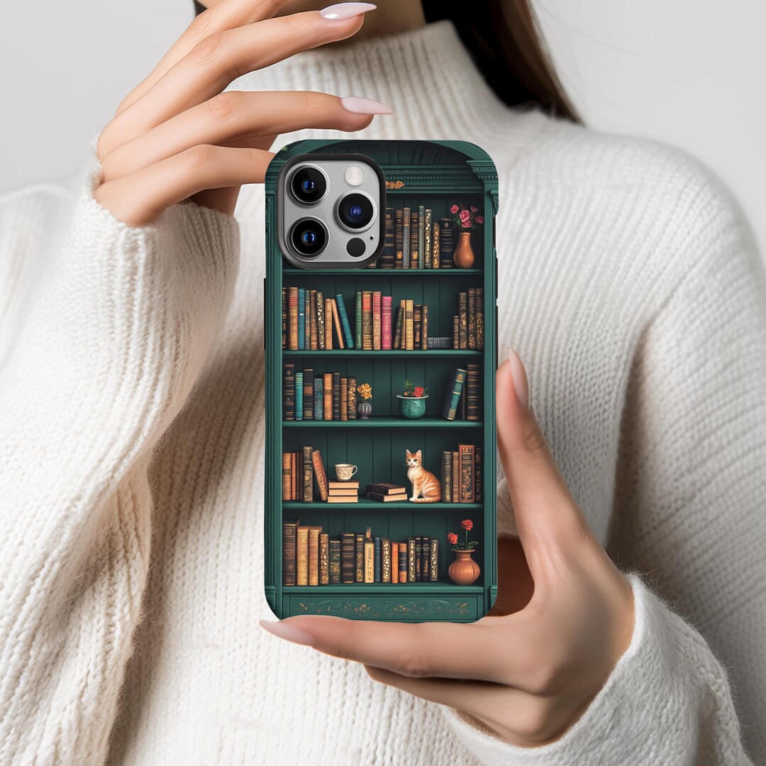 Dark Academia Bookshelf Boho Bookcase Tough Phone Case, iPhone 16 15 14 ...
